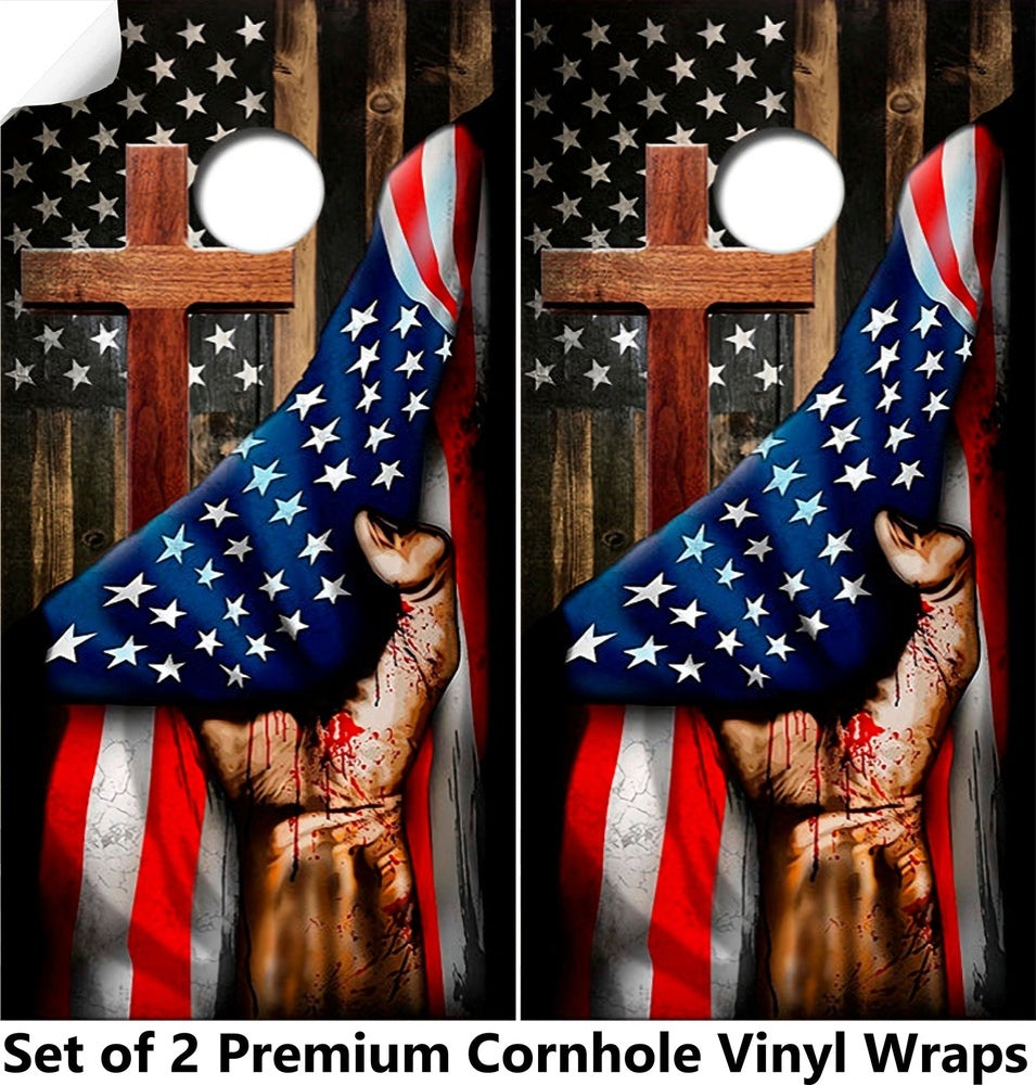 Cross Flag Hand Cornhole Boards Wraps (Set of 2) - BackYardGamesUSA