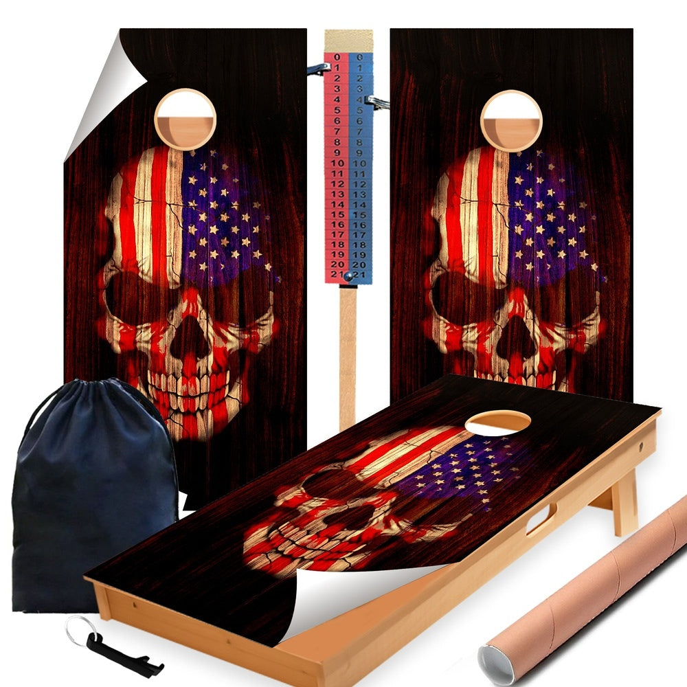 Wood American Skull Cornhole Boards Wraps (Set of 2) - BackYardGamesUSA
